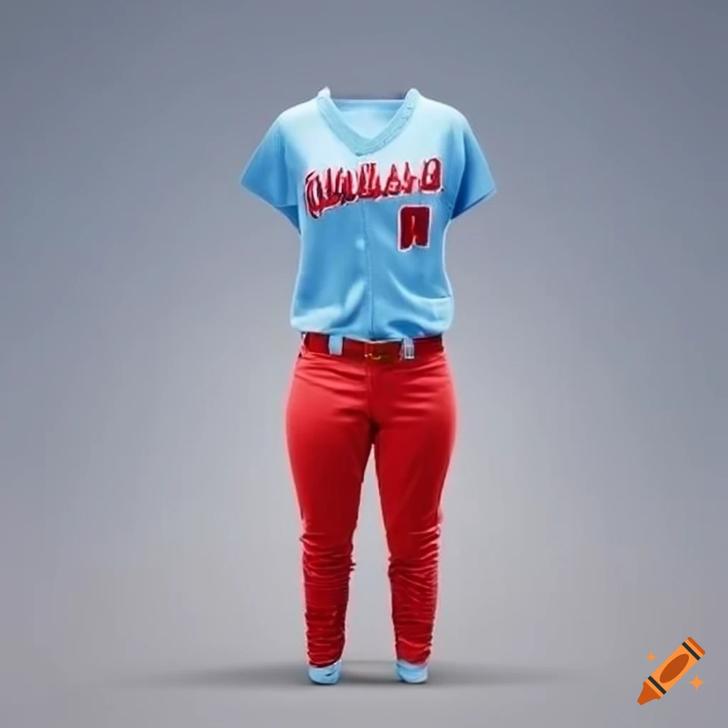 Baby blue softball jersey with red pants on Craiyon