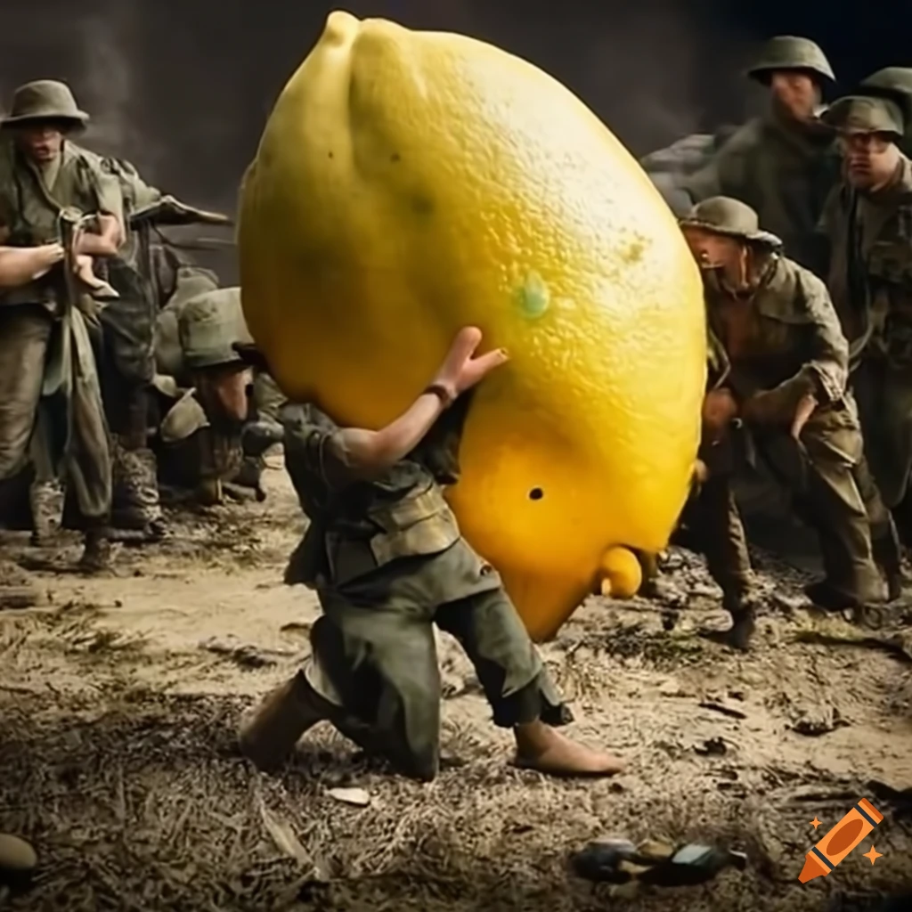 Ww2 u.s soldiers fighting a giant lemon in a creative illustration on ...