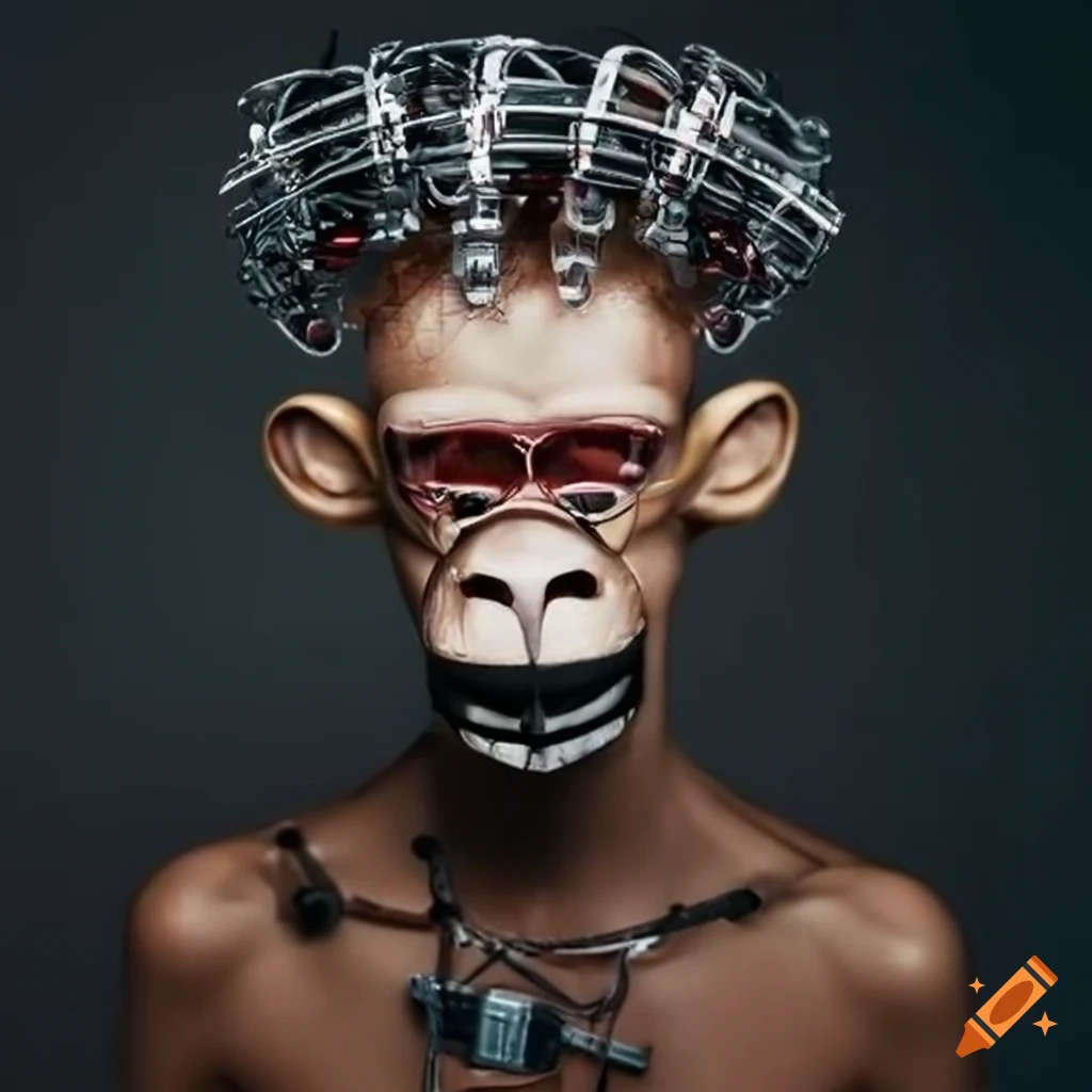 Cyber ape with electric parts and x-ray eyes in futuristic setting on ...