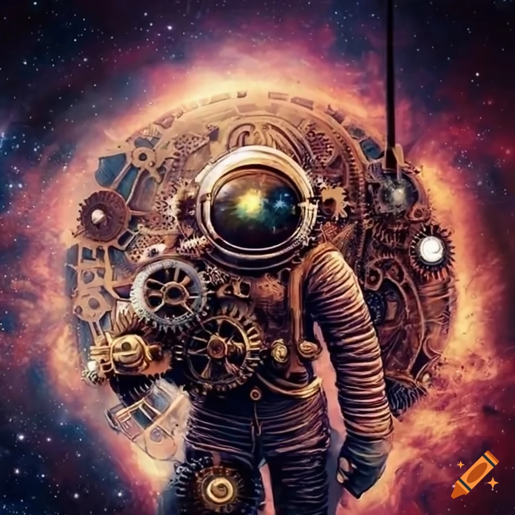 Steampunk astronaut surrounded by gears in a cosmic scene on Craiyon