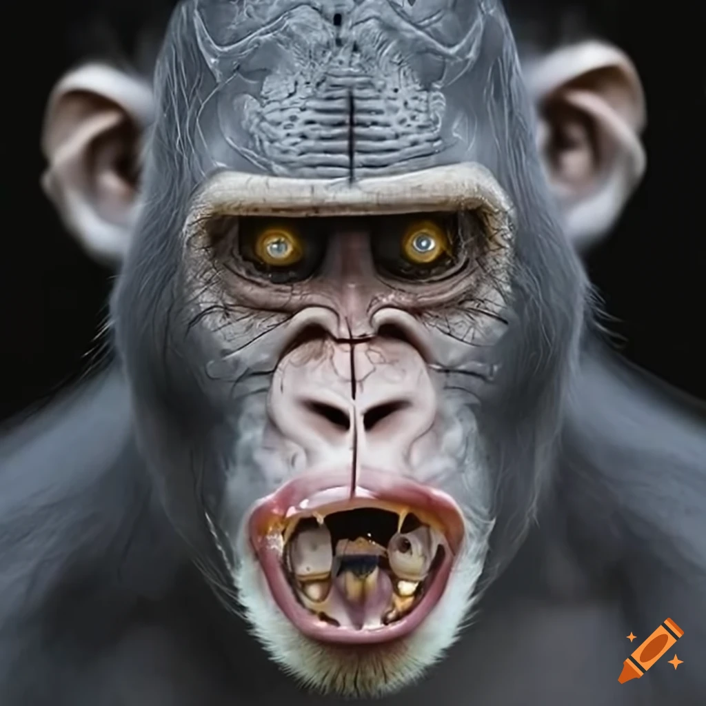 Cyber ape with electric parts and x-ray eyes in futuristic setting on ...