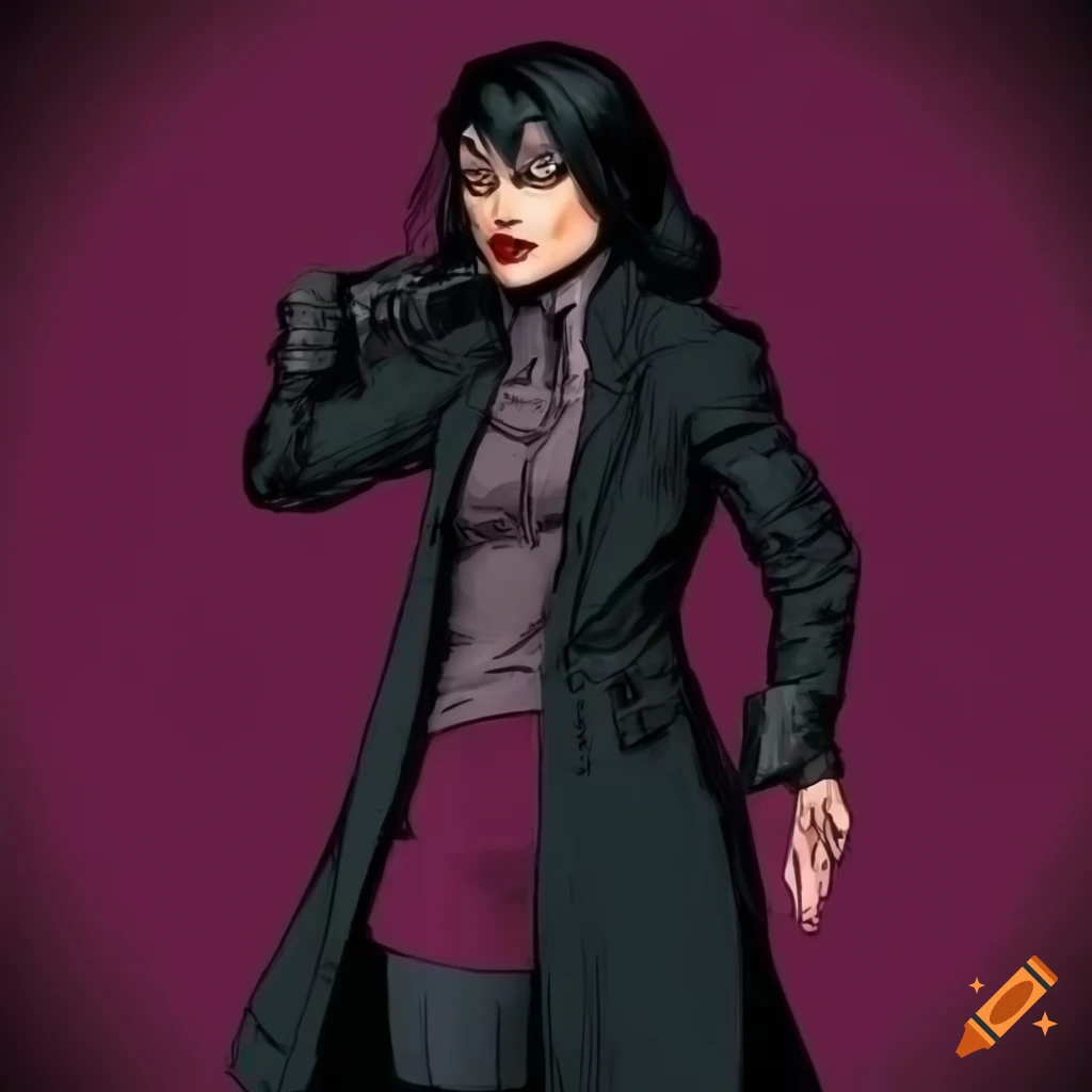 Female in detective coat striking a comic book action pose on Craiyon