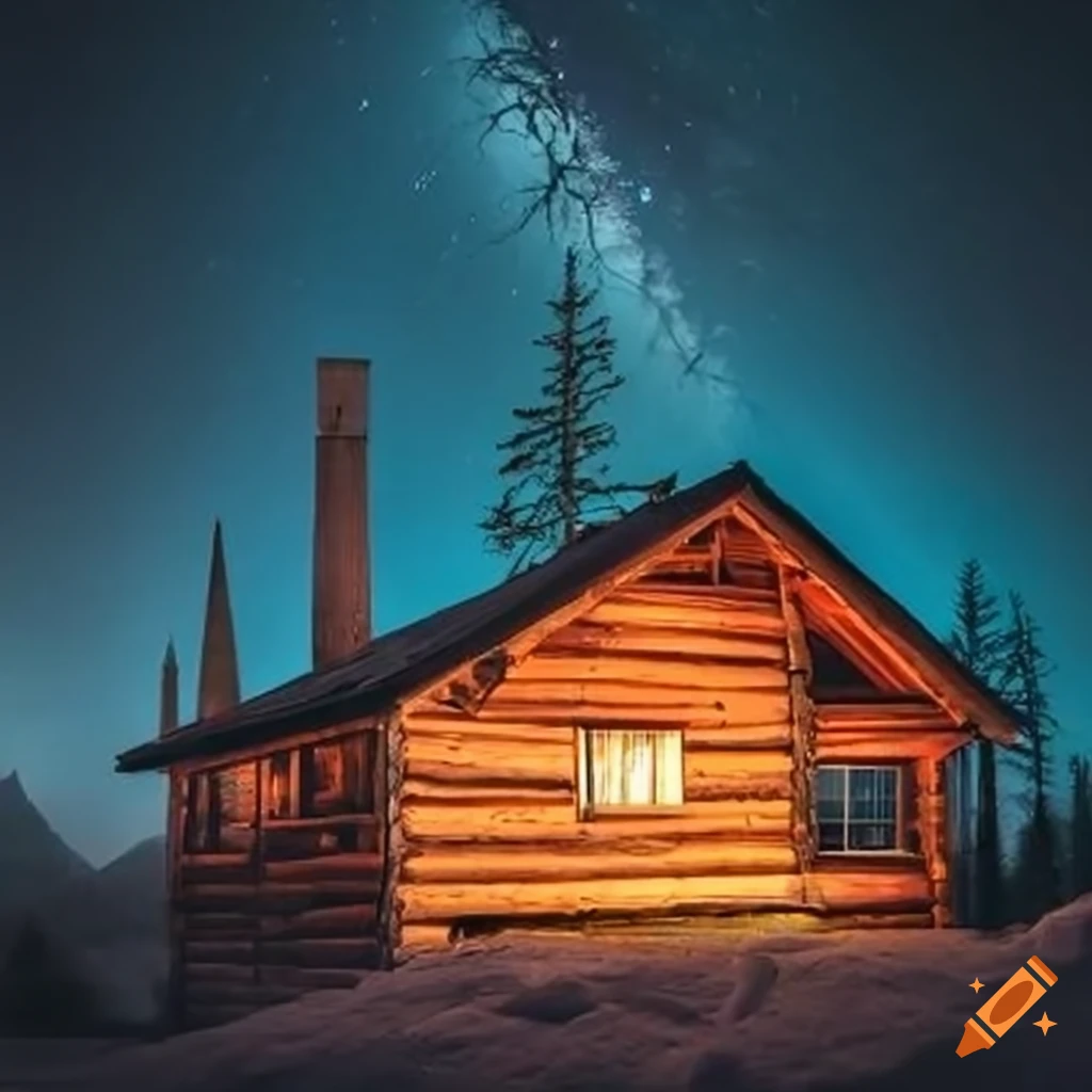 Spruce cabin at night on Craiyon