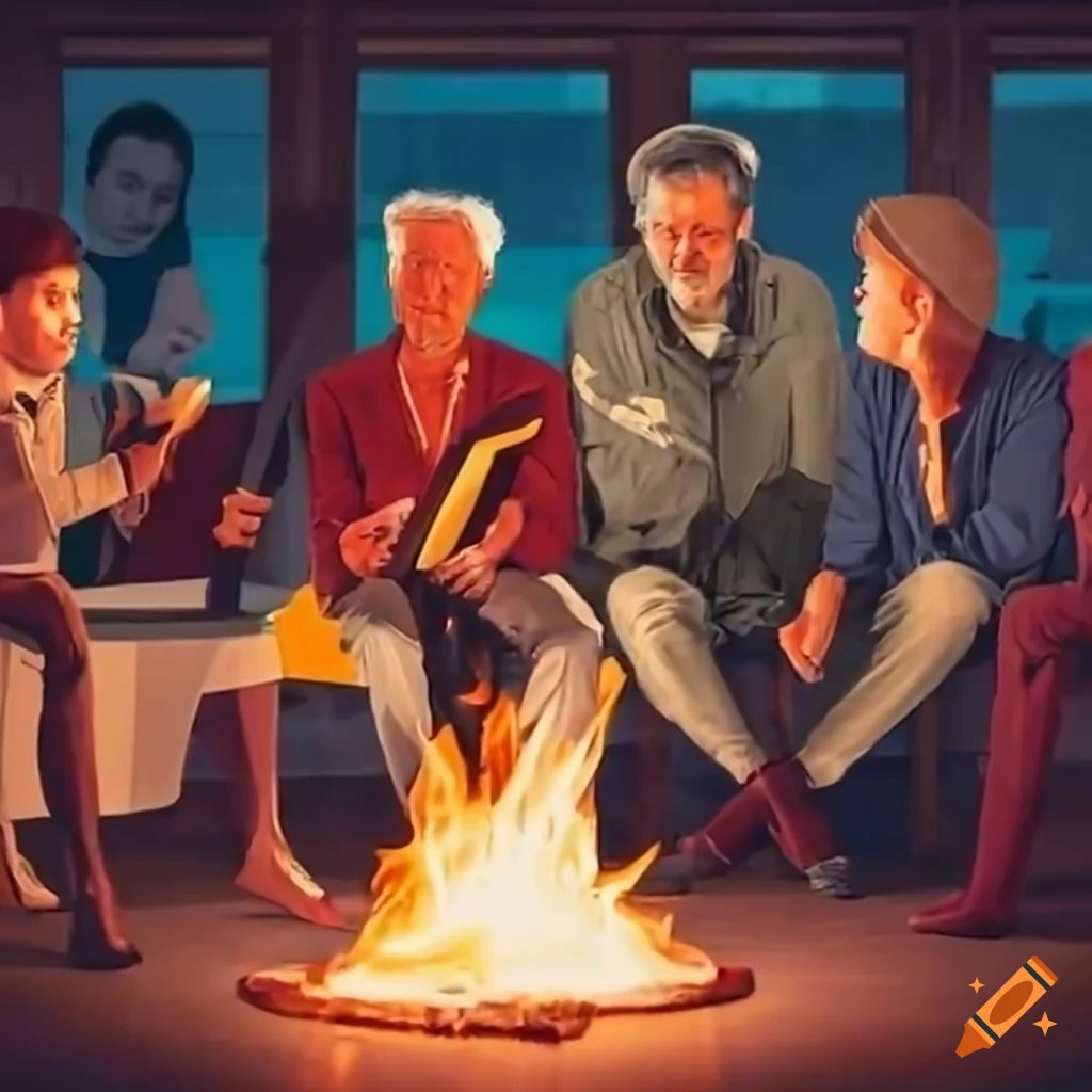 Old man storytelling to a group of younger people in an open plan ...