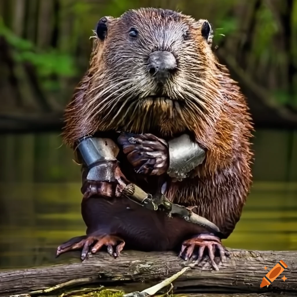 Beaver in armor next to a fallen tree on Craiyon