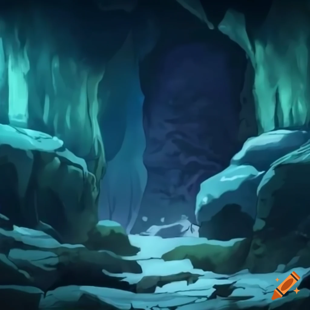 Intricately detailed animé scene of a cave with precious minerals on ...