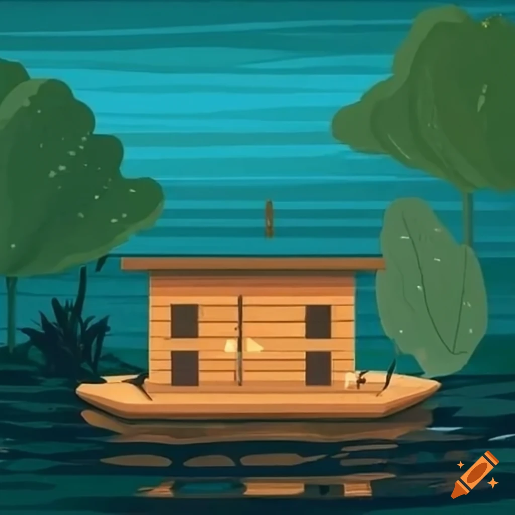 Finnish sauna on a raft floating on a mining lake surrounded by nature ...