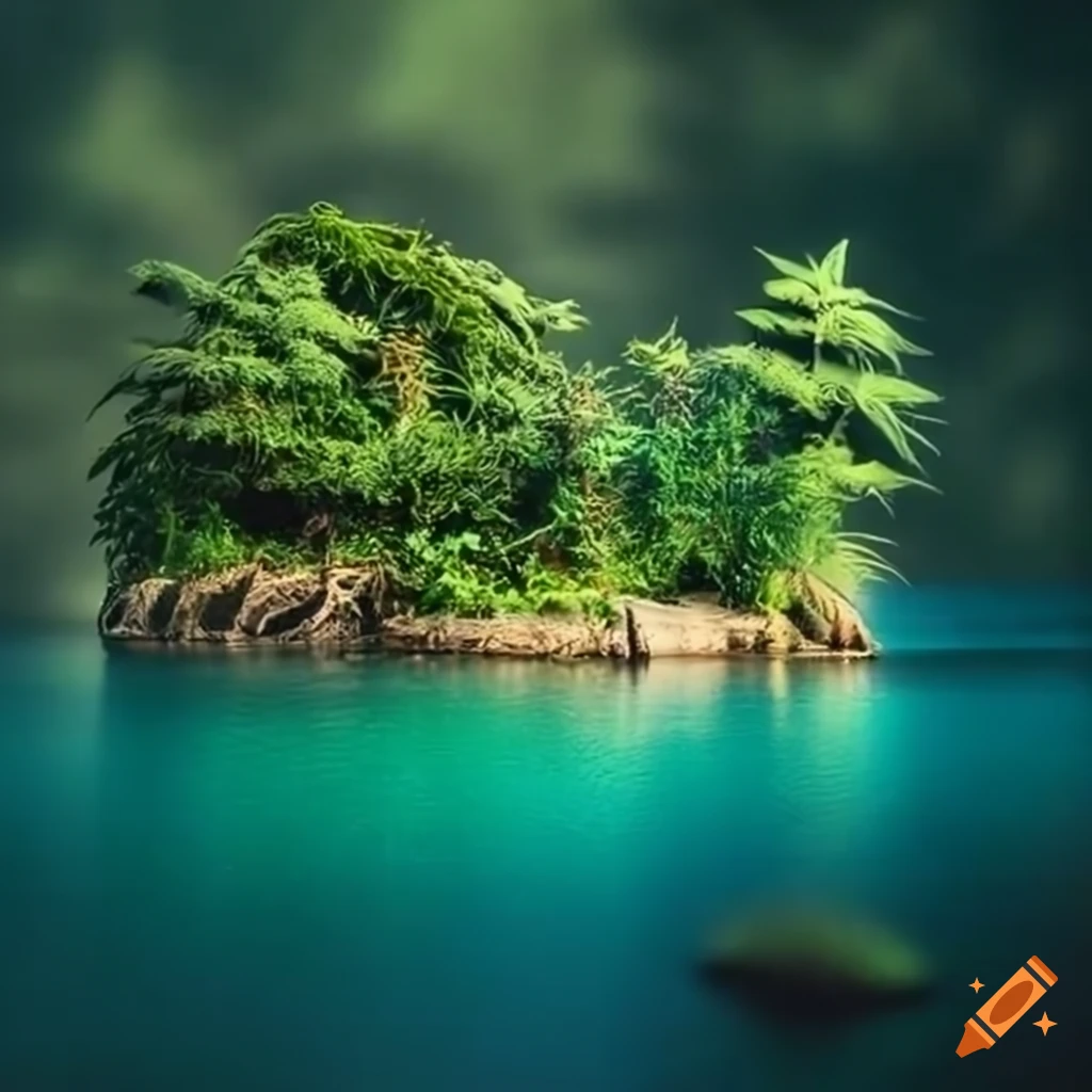 Realistic magic island with cannabis plants as trees surrounded by ...