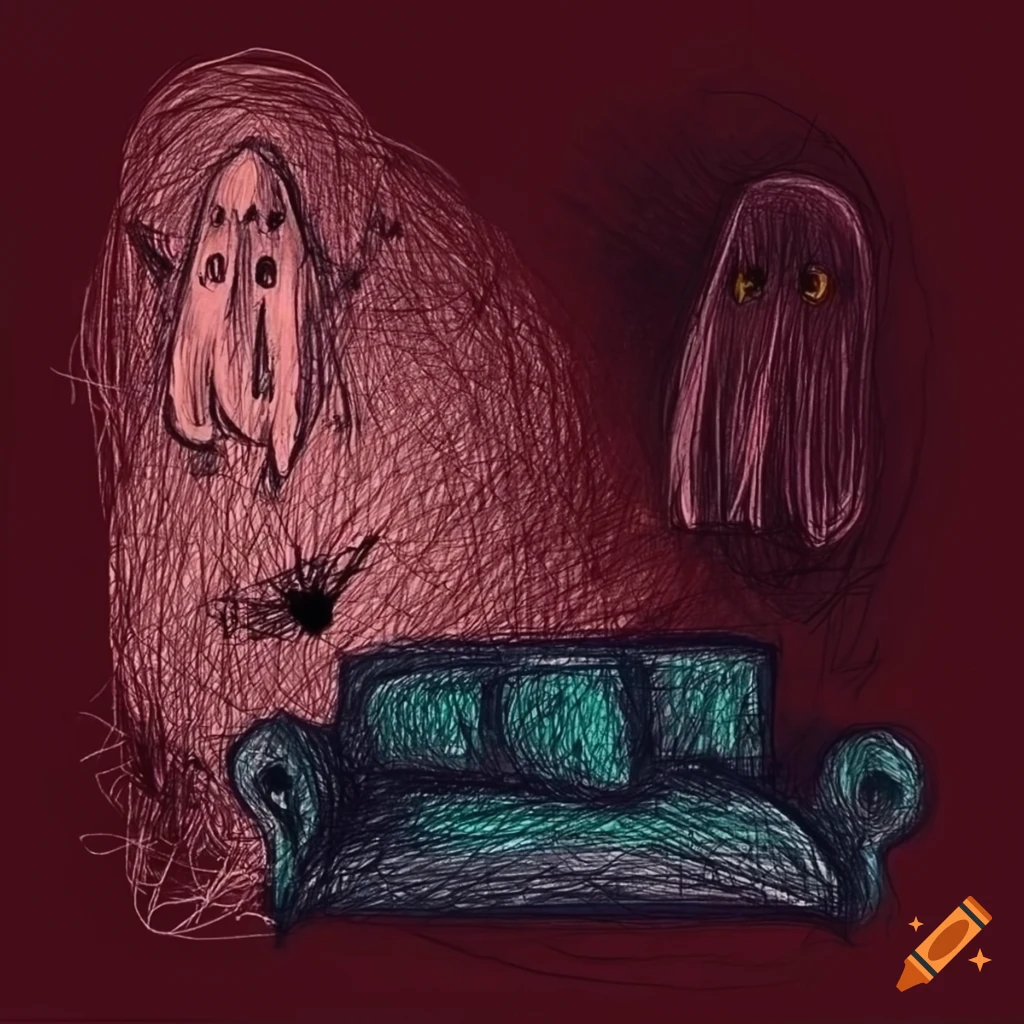 Scribble drawing of two ghosts on a couch in a room on Craiyon