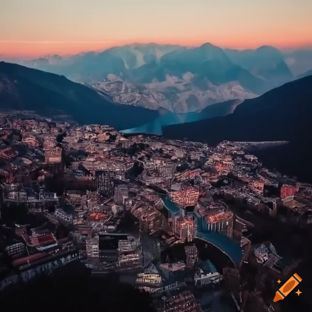 Aerial view of a futuristic small city built on mountain ranges on Craiyon