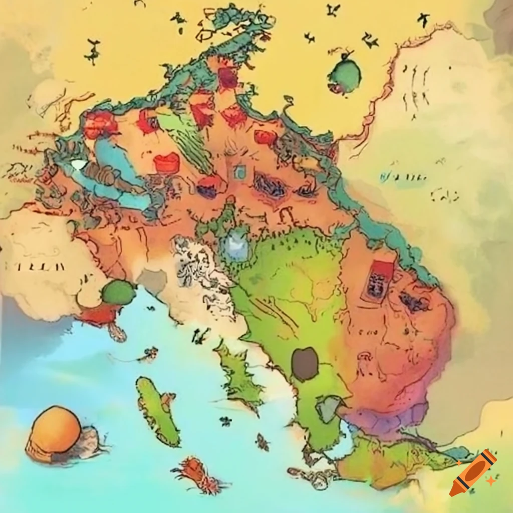 Map illustration of a folk tale on Craiyon