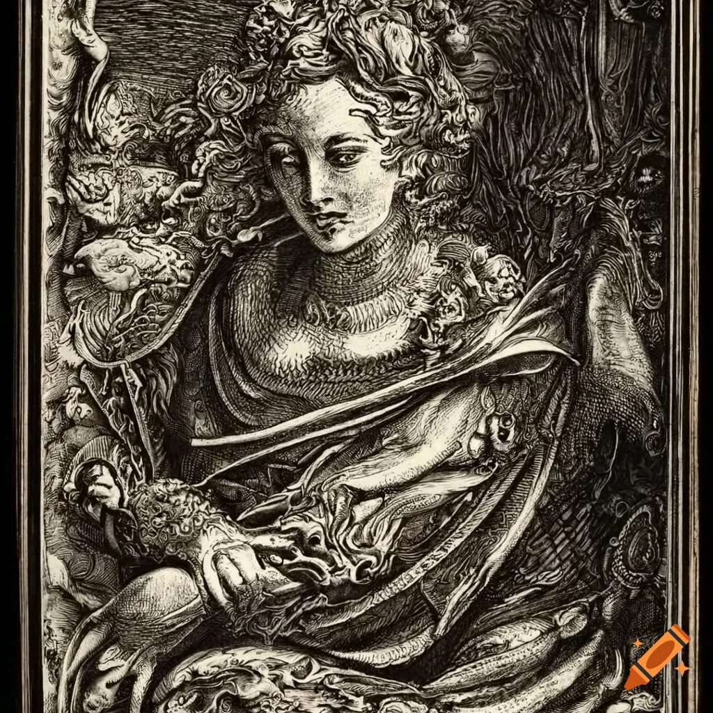 Intricate baroque etchings from an ancient mythological book depicting ...