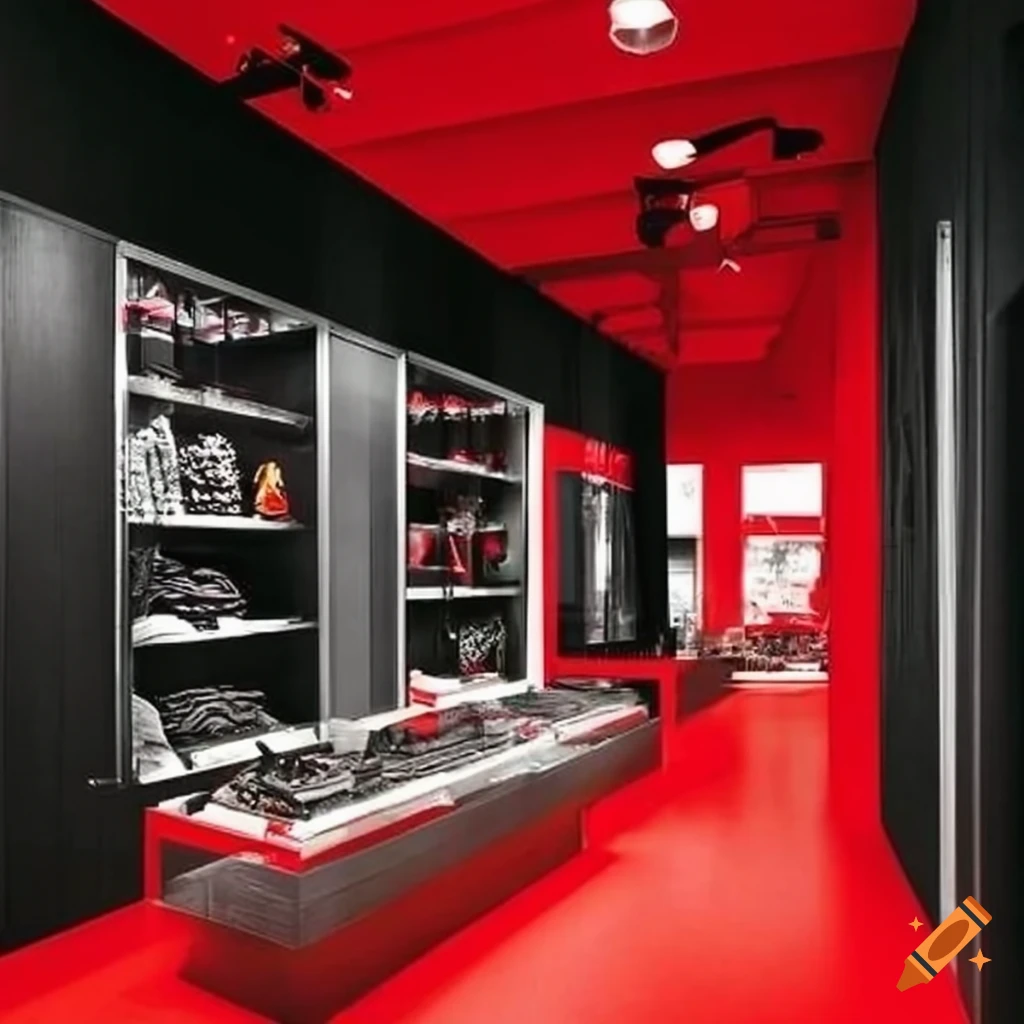 Sleek red and black interior design for a store on Craiyon