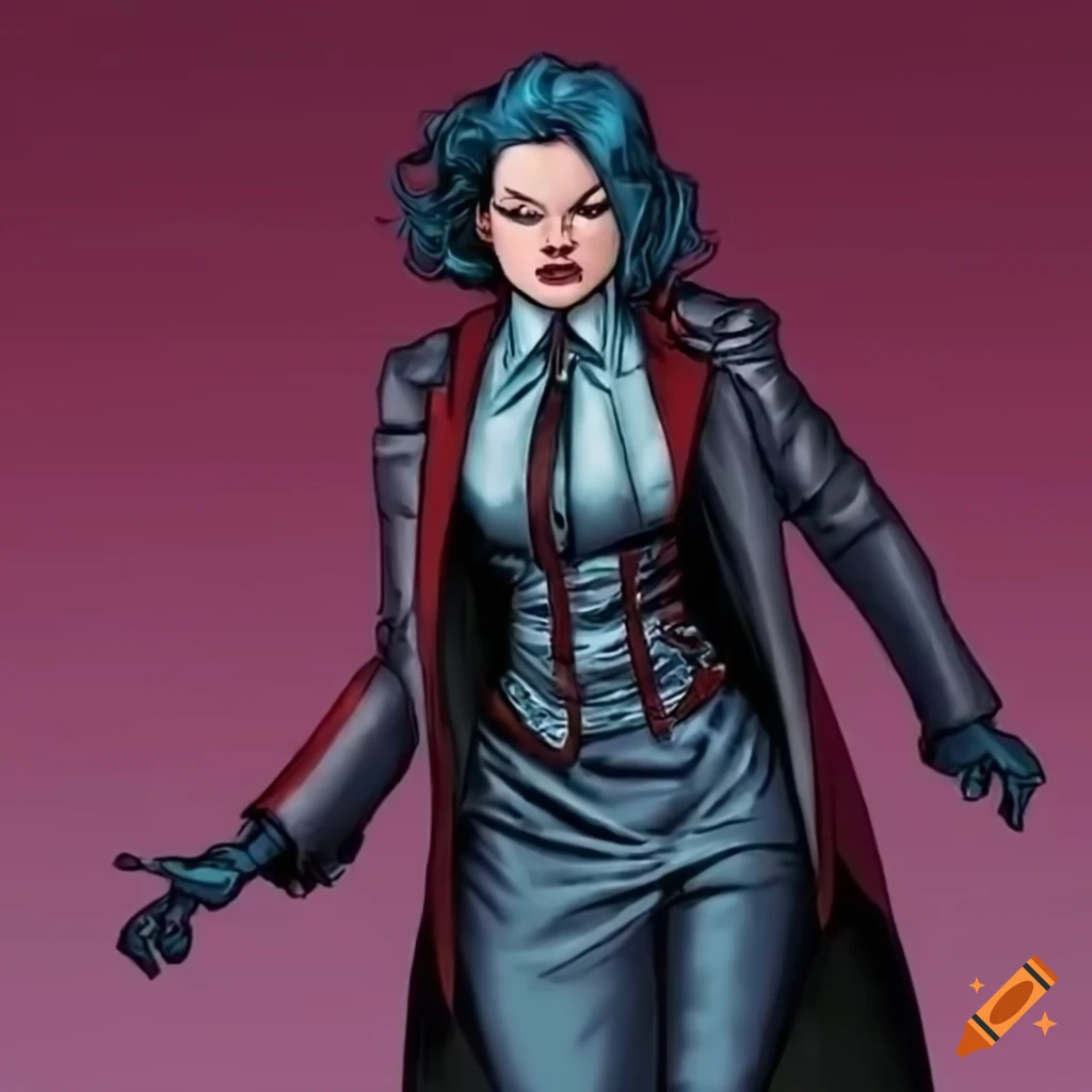 Female detective in a comic book style action pose wearing a coat on ...