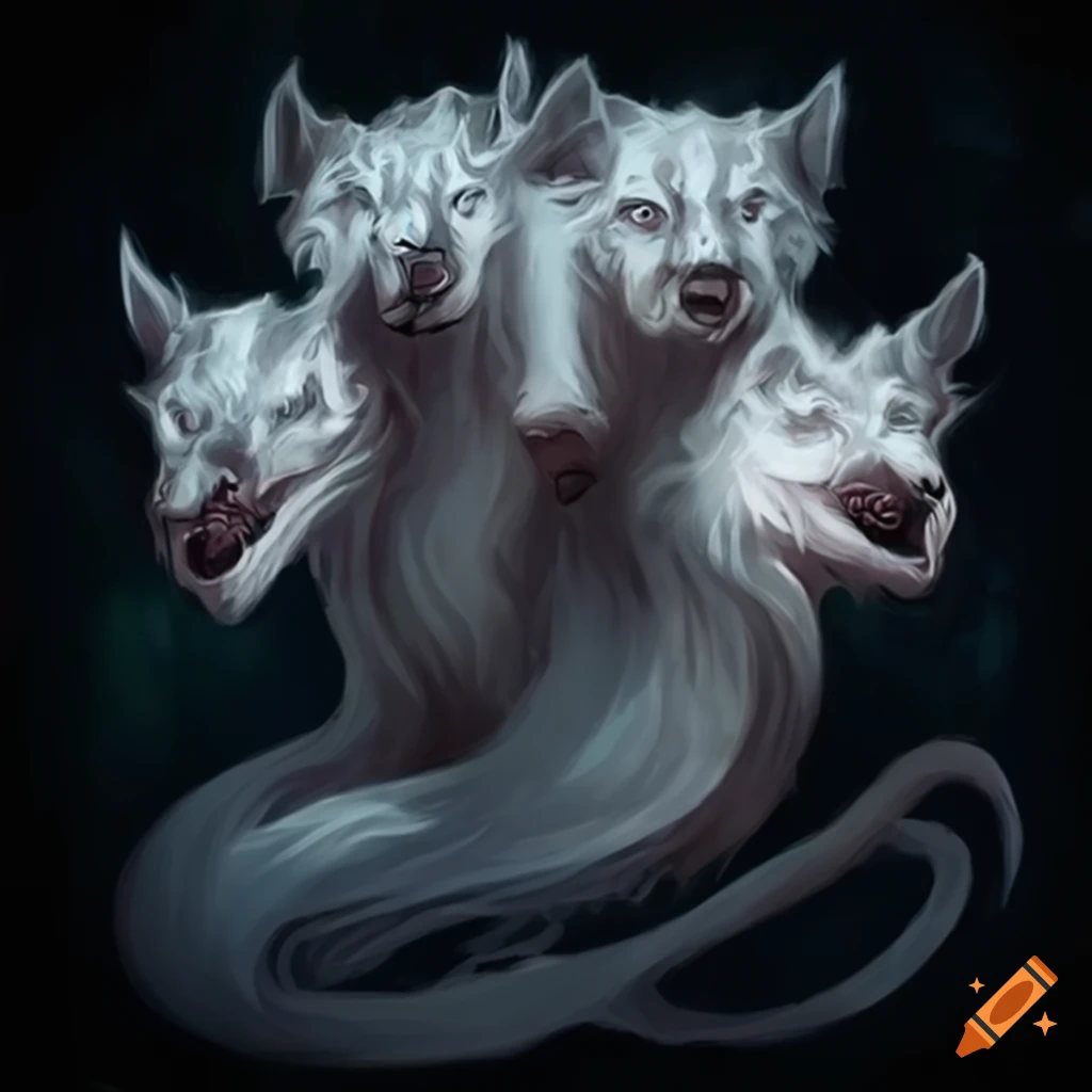 Three-headed white dog in magic: the gathering style on Craiyon