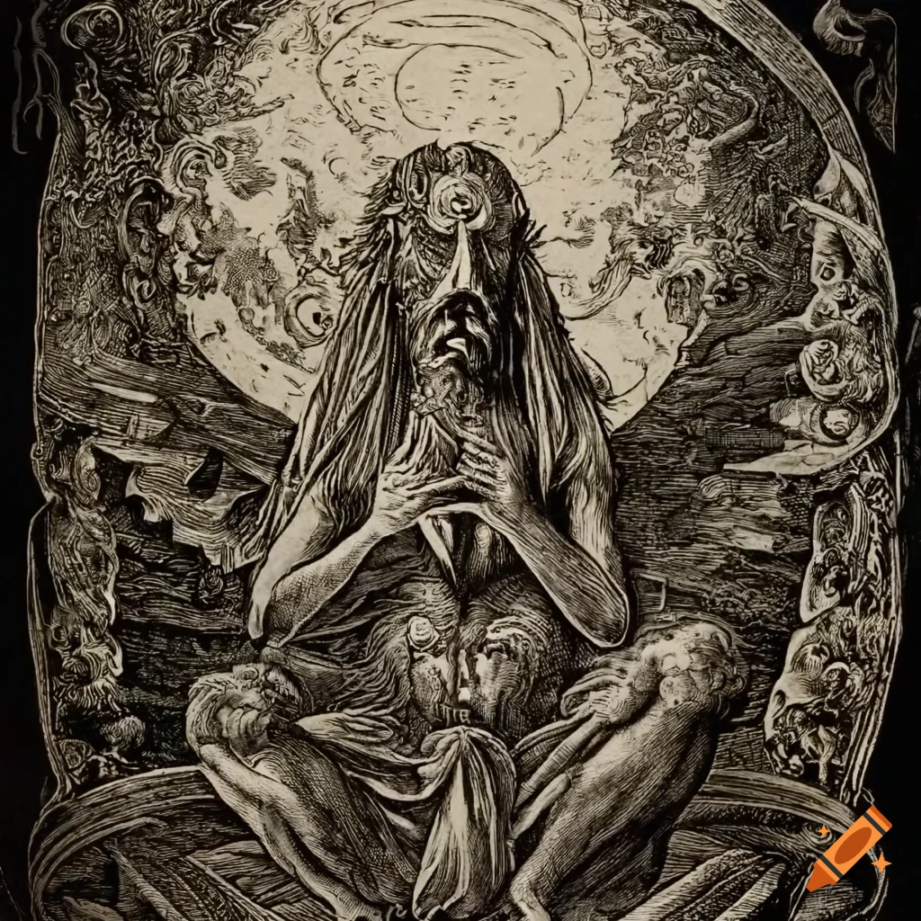 Intricate baroque etchings depicting a mystical revelation in an ...