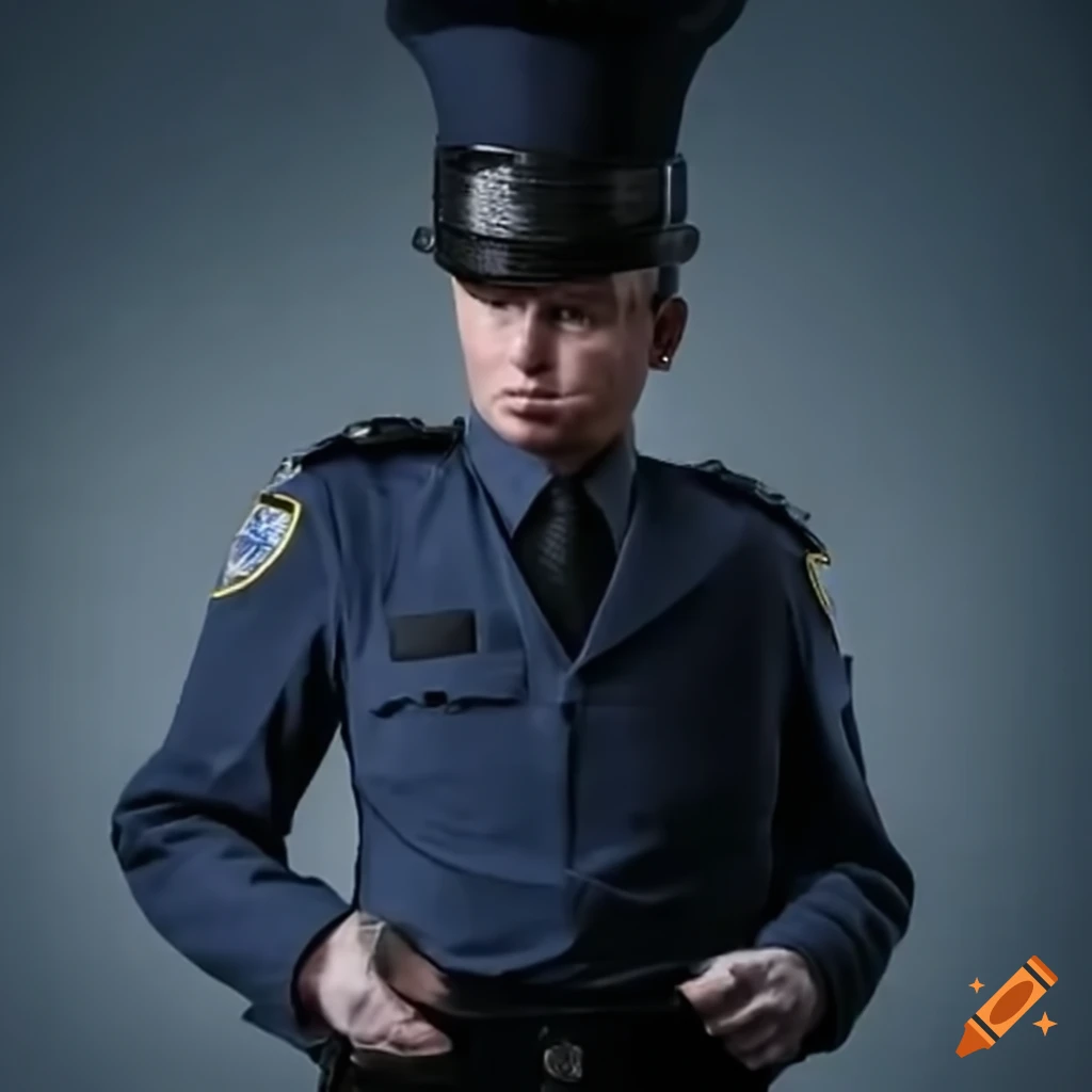 Police officer with a large top hat in a humoristic scenario on Craiyon