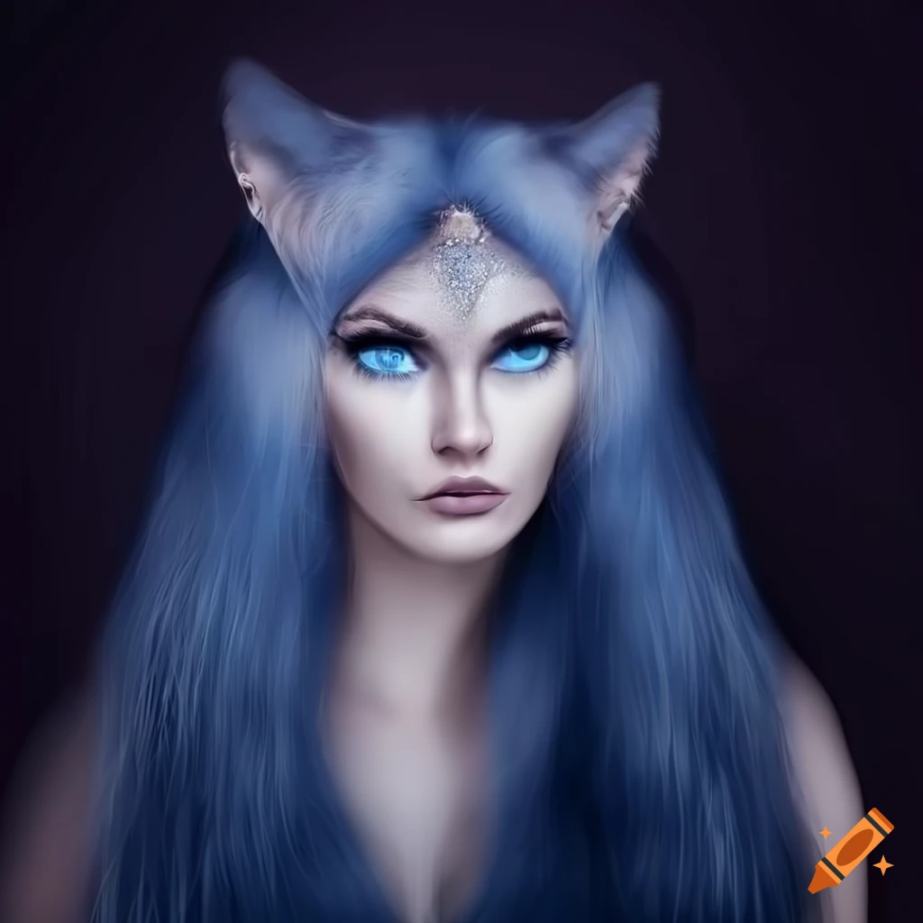 Beautiful cat-human hybrid woman with striking blue eyes and long fur ...