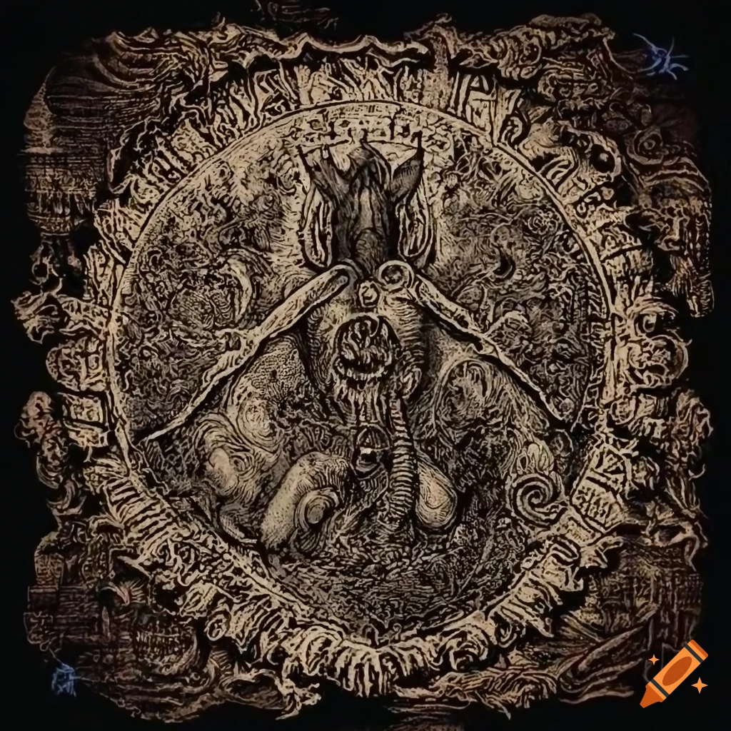 Intricate baroque etchings for an ancient mystical occult book with a ...