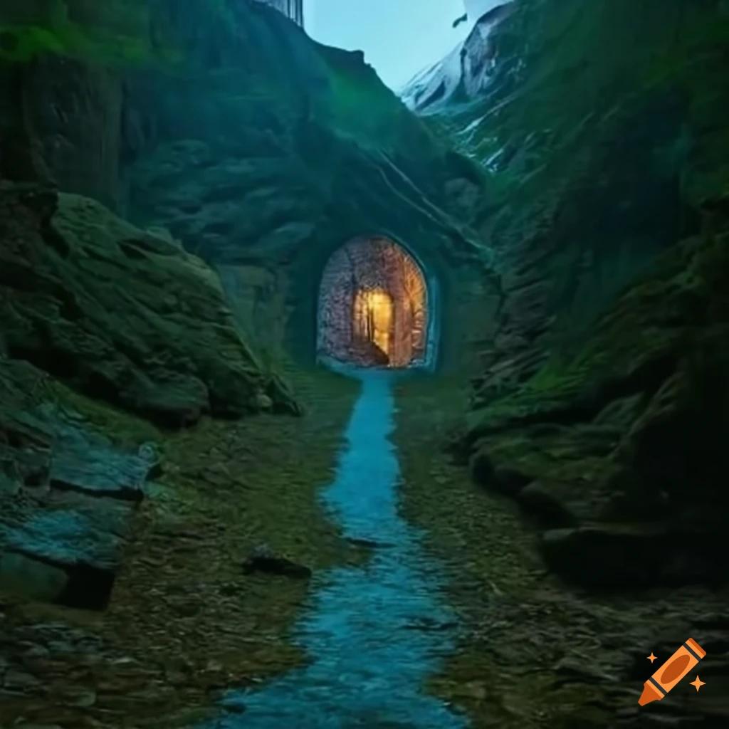 Ancient castle-like entrance to a mythical dungeon with glowing runes ...