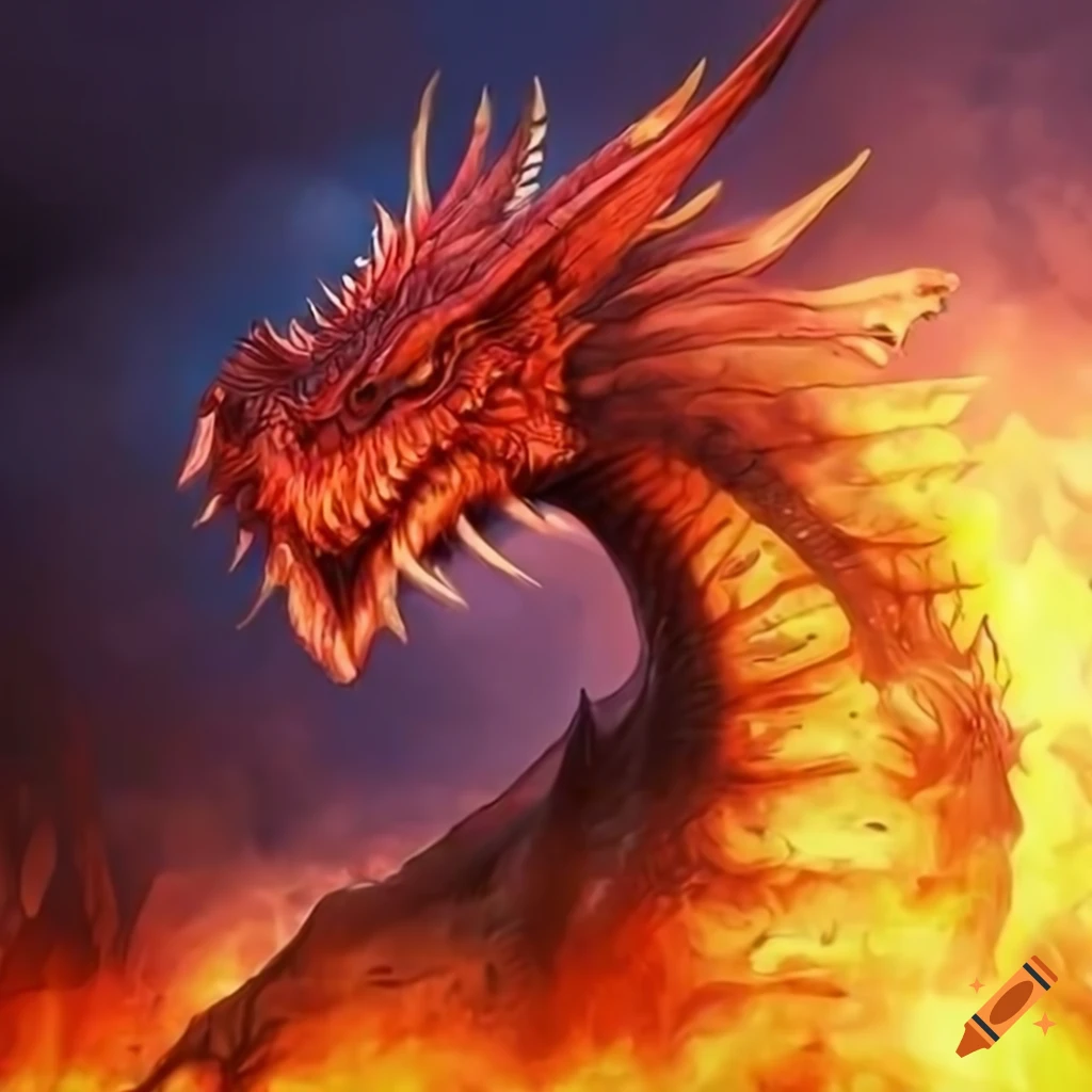 Red fierce dragon showing climate change impact with flames on Craiyon
