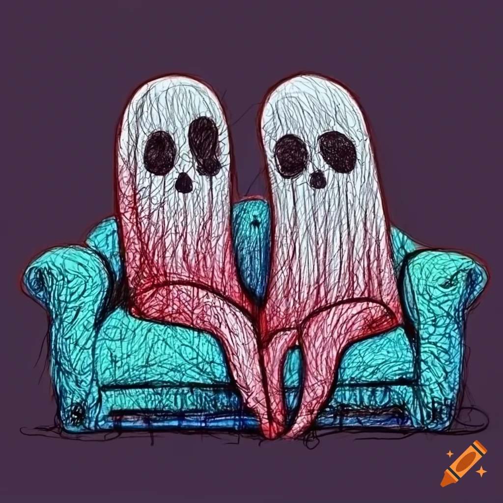 Scribble drawing of two ghosts on a couch on Craiyon