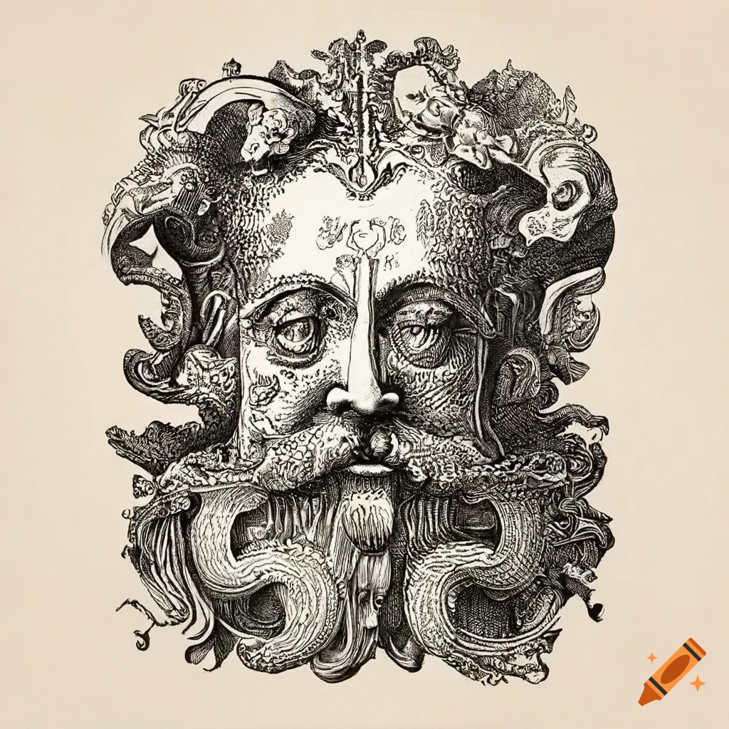 Intricate baroque etchings from an ancient mythical spiritual book ...