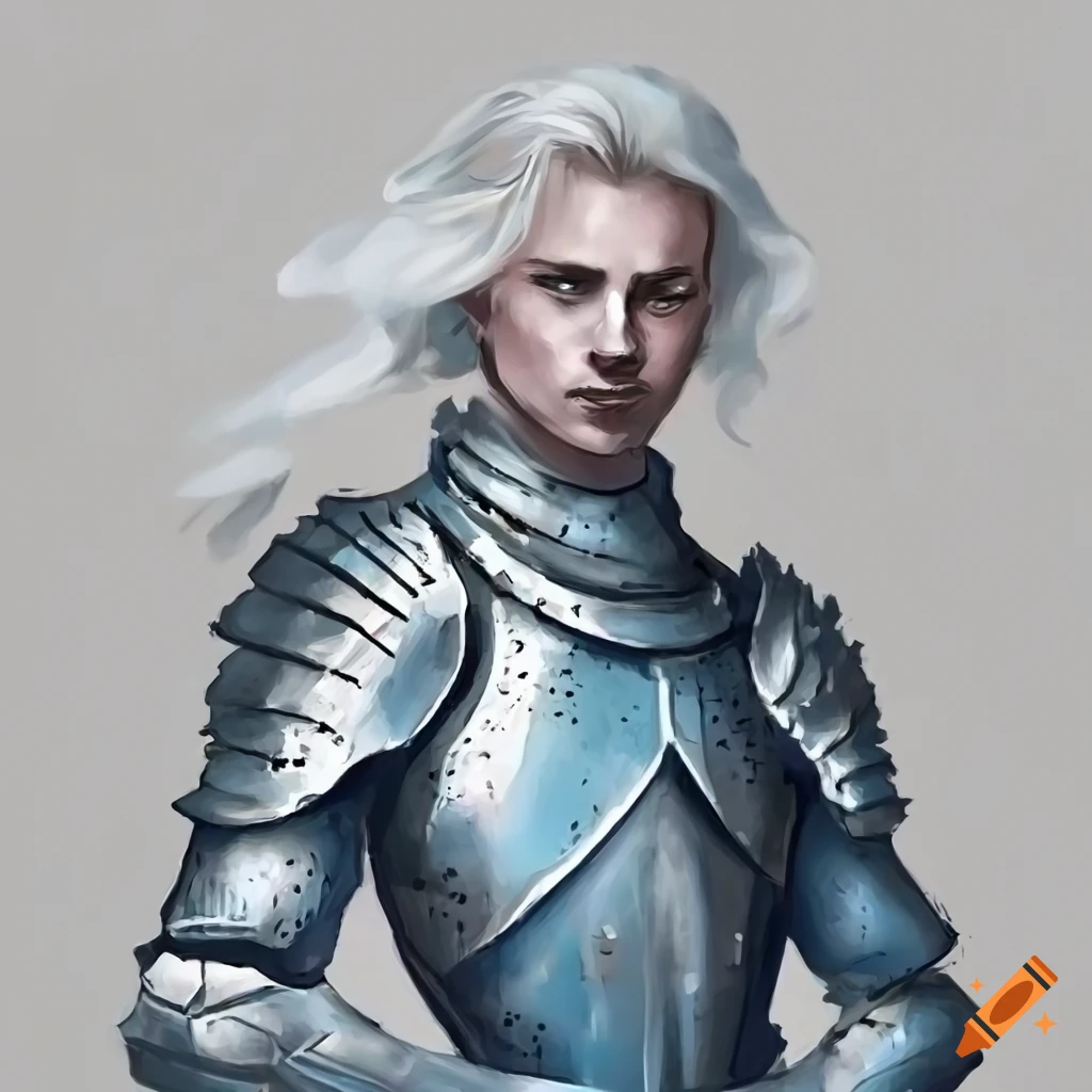 Arrogant man in light blue armor with platinum blonde hair on Craiyon