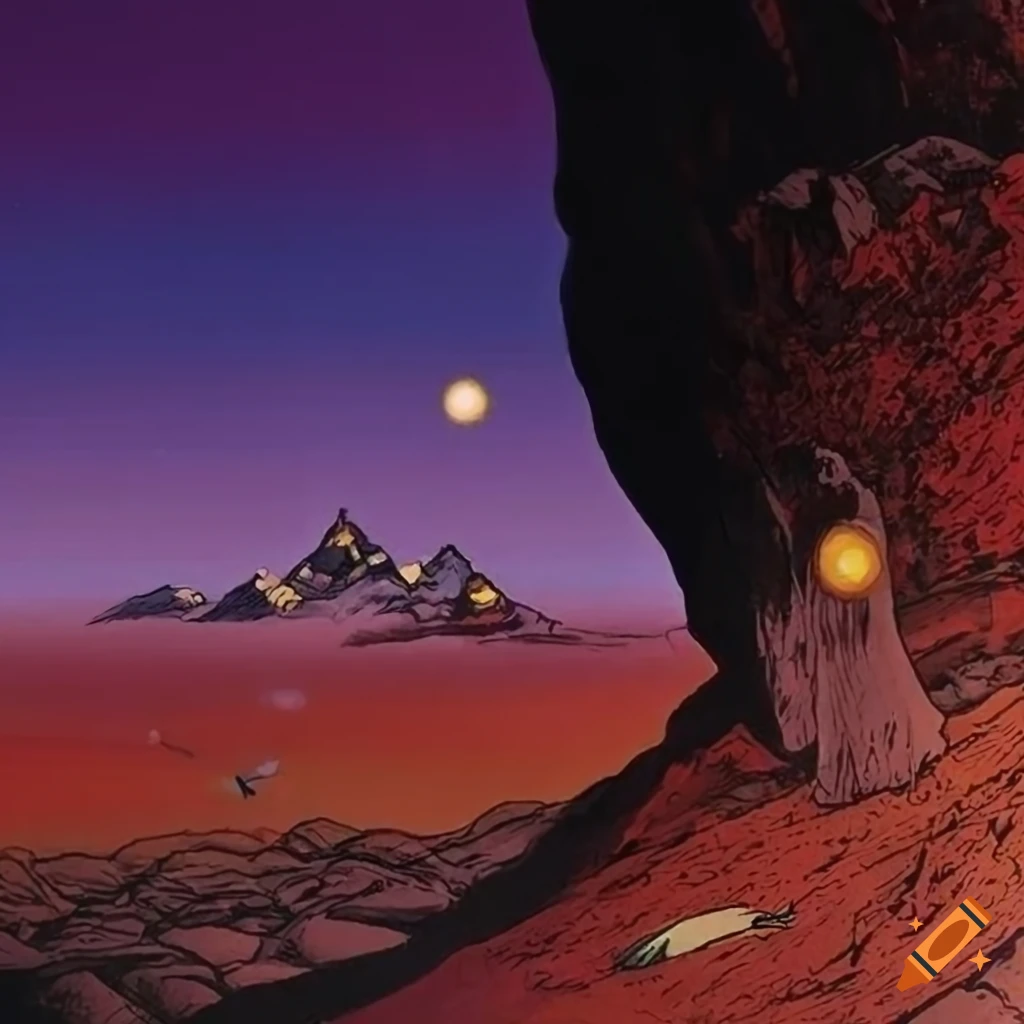 Moebius space shape crash into mountainside on 1970s science fiction ...