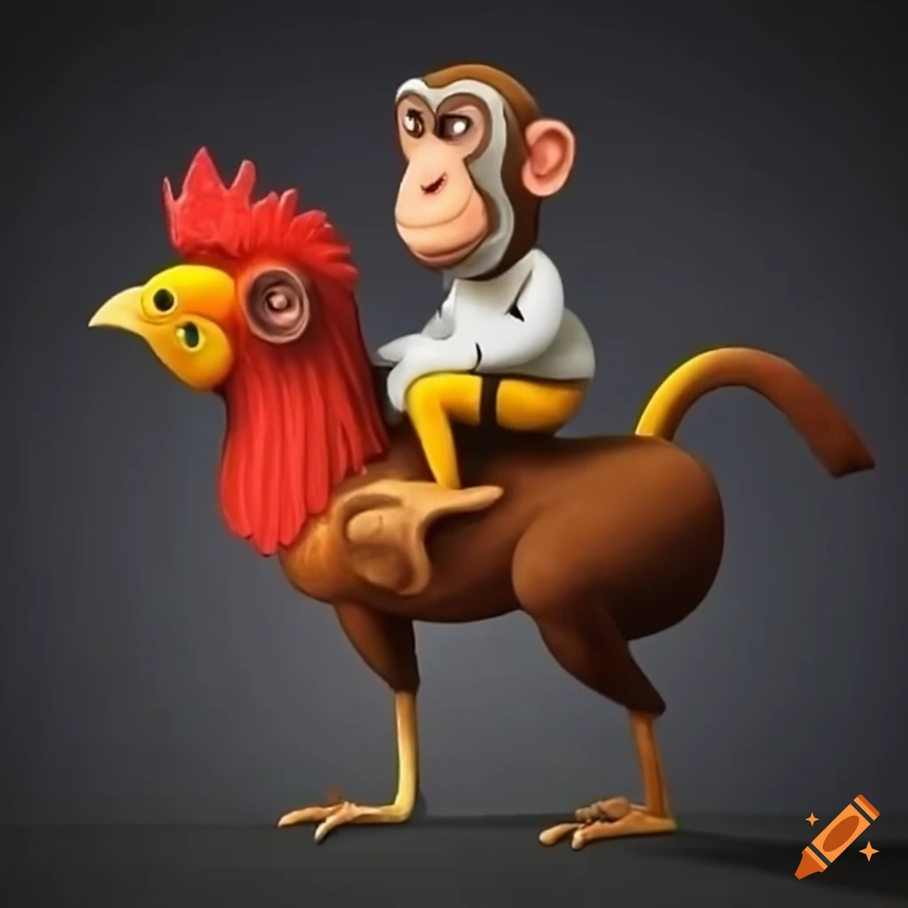 Monkey riding a racing chicken with a saddle on Craiyon