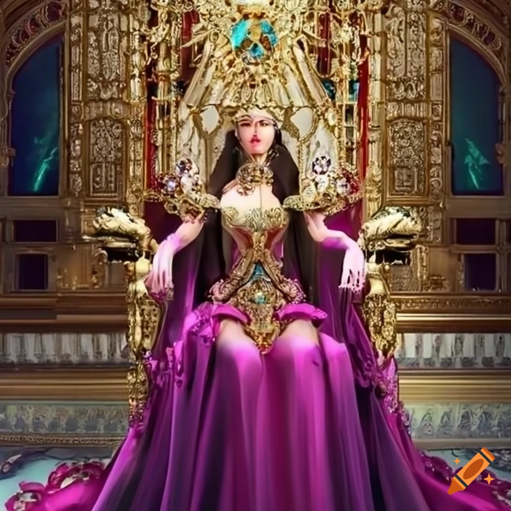 Elegant and powerful fantasy empress on her opulent throne with jewel ...