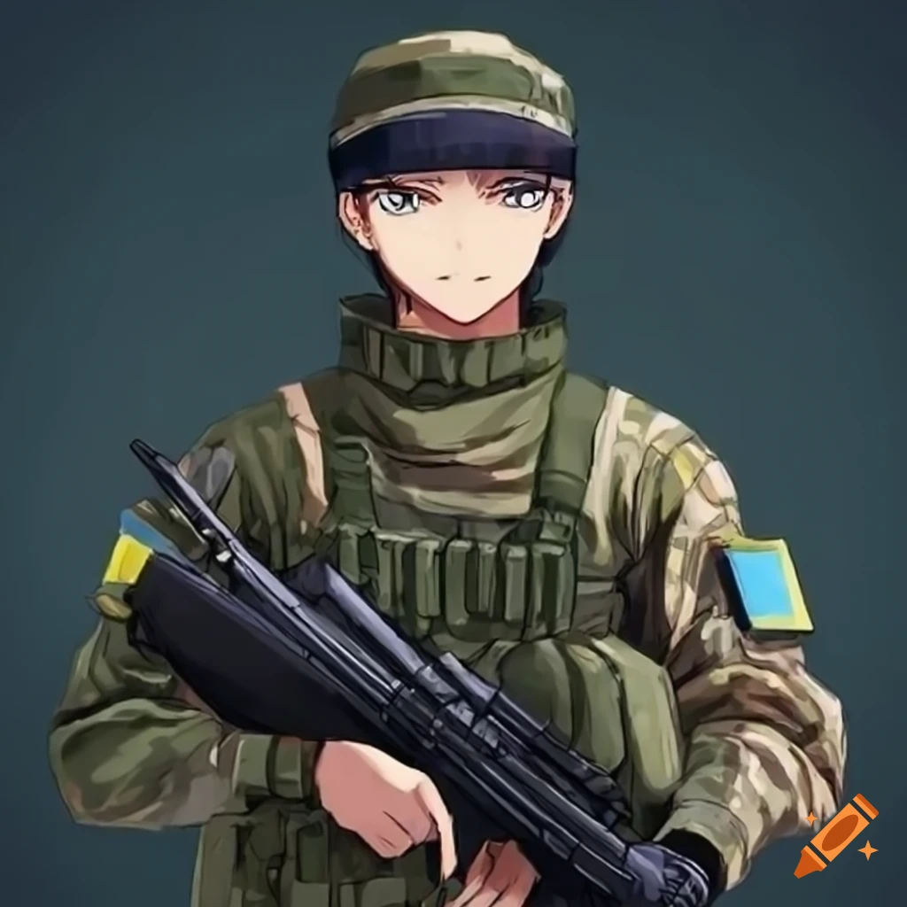 Ukrainian soldier anime character with black hair on Craiyon