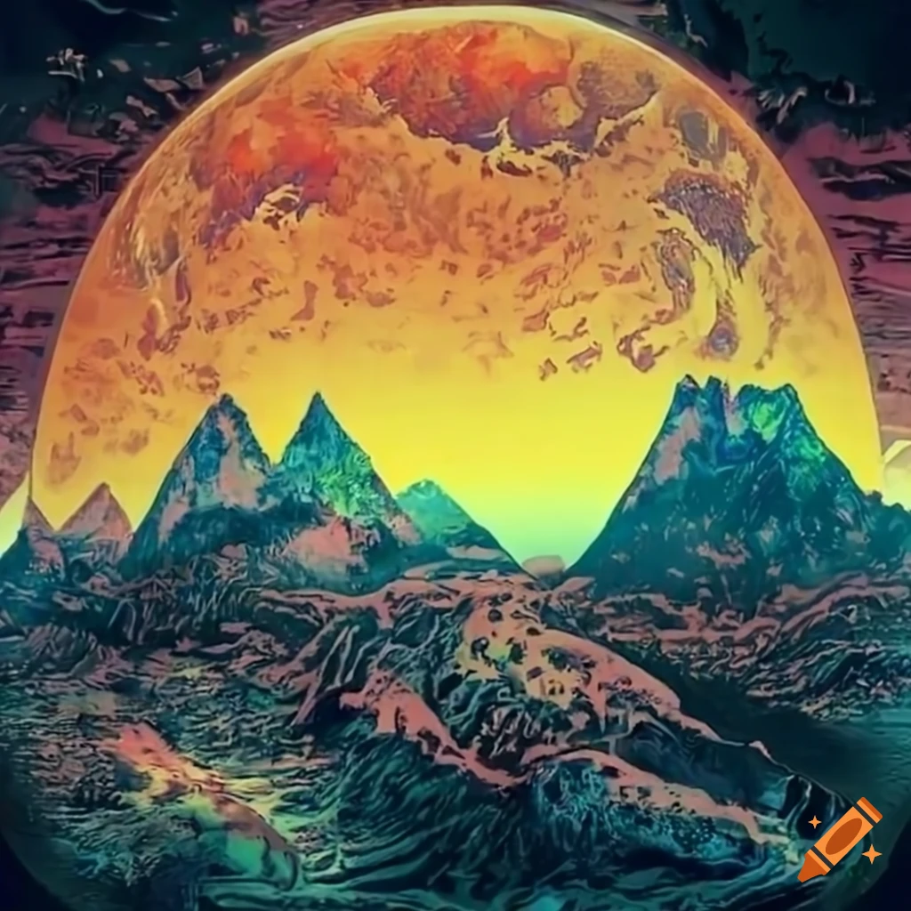 Acid trippy mountain landscape with droid beings in a surreal art ...