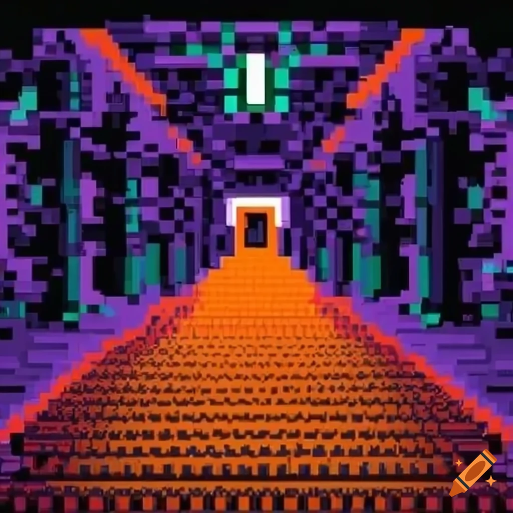 8-bit interactive sci-fi engine room with orange and indigo colors in a ...
