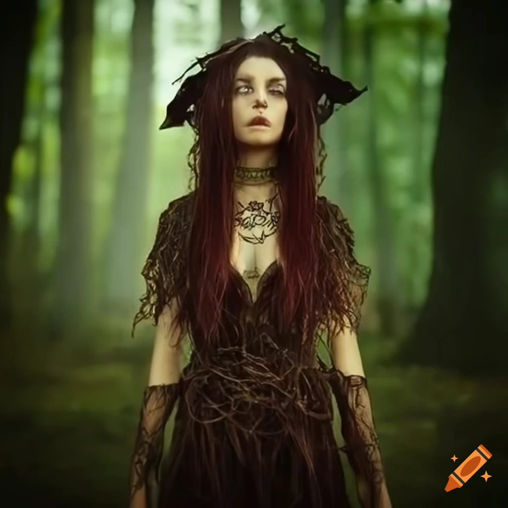 Enchanting witch with root clothing standing in the forest on Craiyon