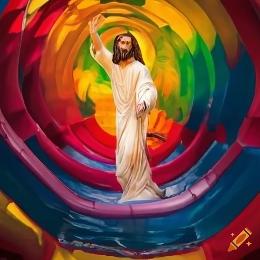Jesus christ joyfully on a colorful water slide on Craiyon