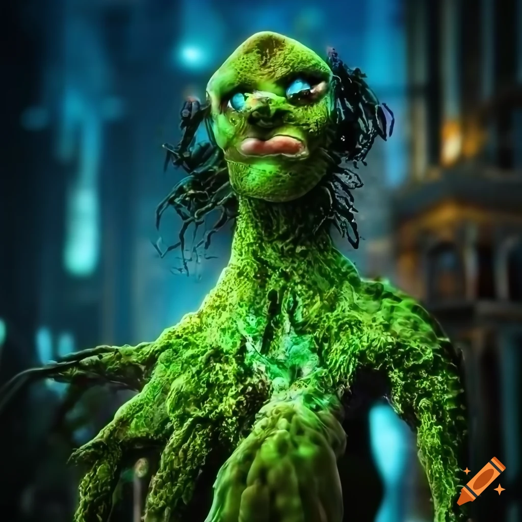 Glowing biopunk cityscape with cyborg mutant omega mart lemon fruit ...