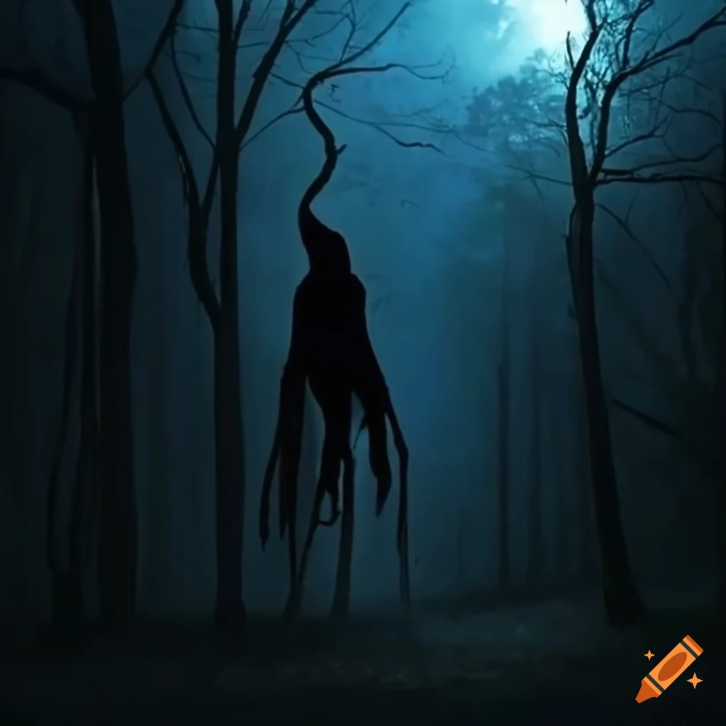Tall black skinny creature in forest at night under moonlight on Craiyon
