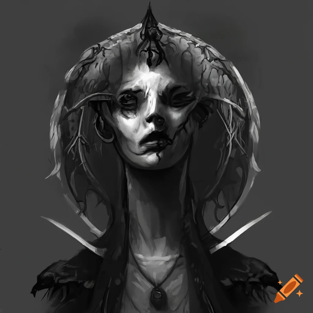 Dark fantasy character concept in black and white on Craiyon