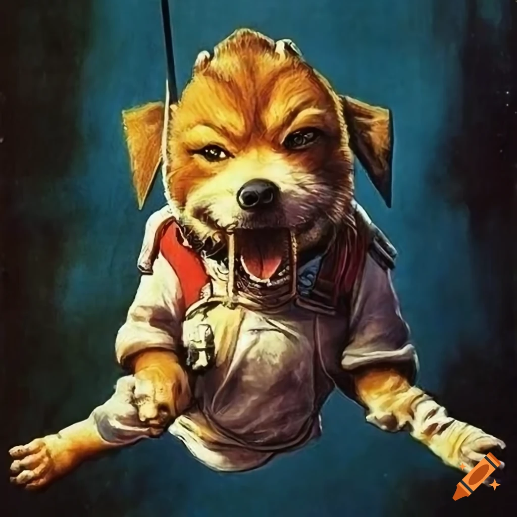 Aerial dog fighting scene with intricate details in a vintage poster ...