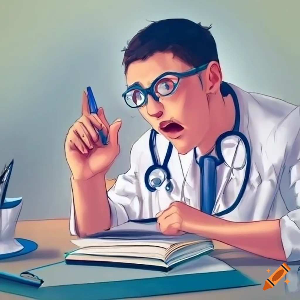 Medical student panicking while studying for final exam with desk full ...