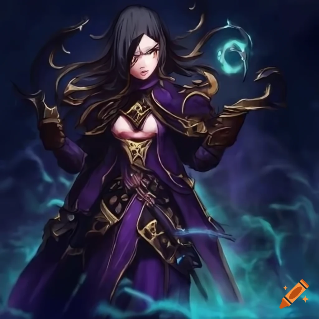 Dark-haired summoner mage with ancient tomes summoning a familiar in ...