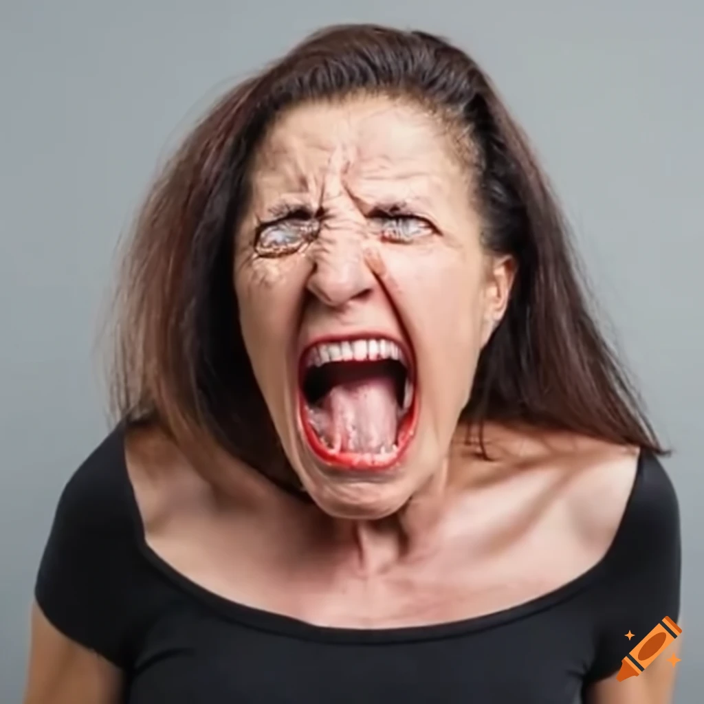 Unusual woman screaming with a scary expression on Craiyon