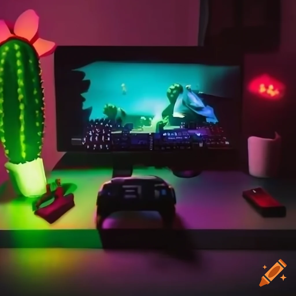 Gamer playing video game with cactus decoration on desk on Craiyon