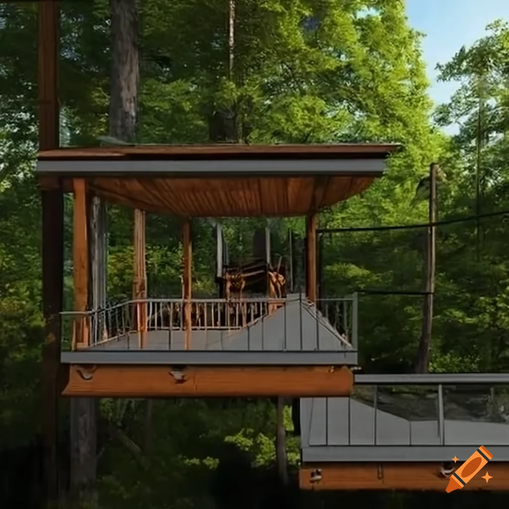 Treetop view deck station under canopy of trees with galvanized roofing ...