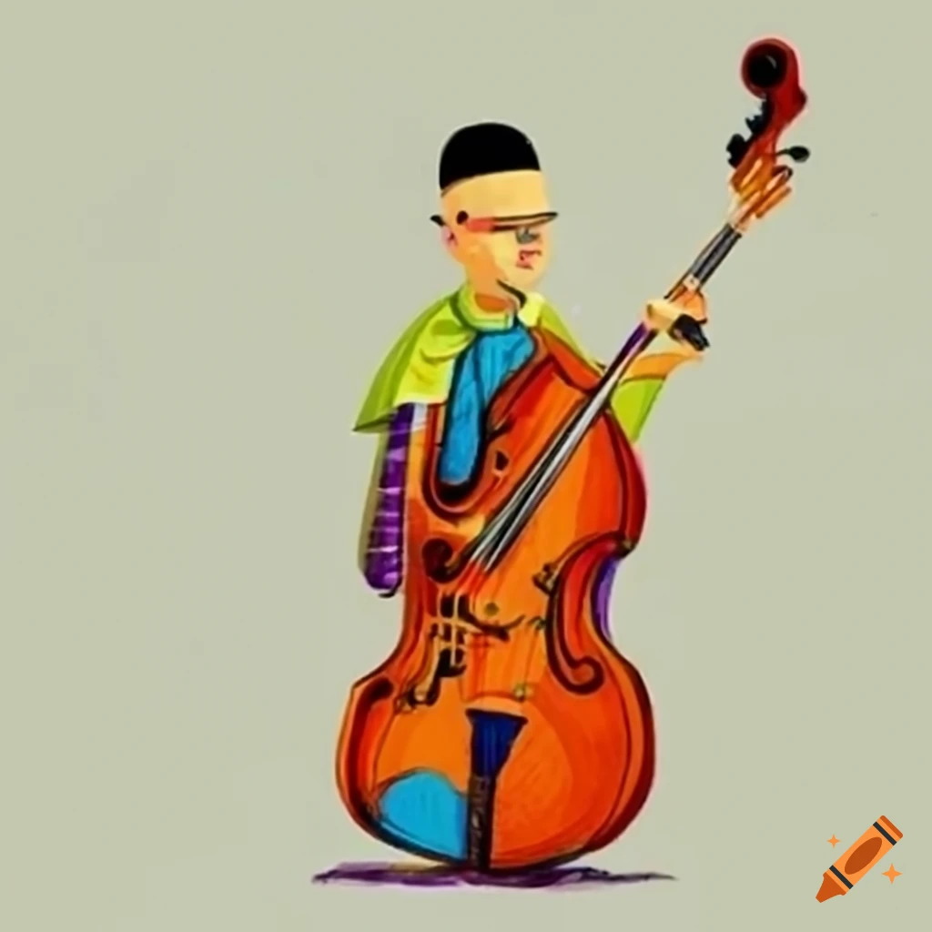 Tiny human playing a grand double bass in a pen and ink drawing on Craiyon