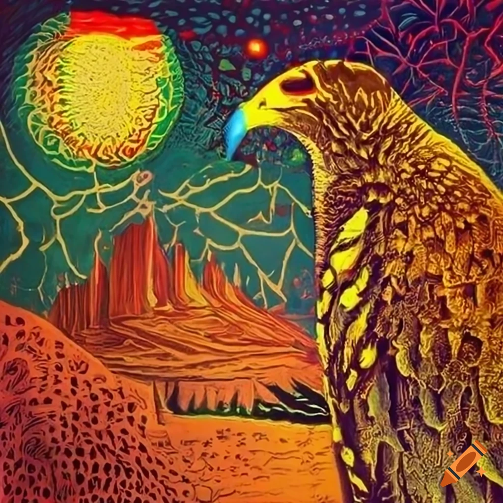 4k surrealistic mountain landscape with hawks in a science fiction ...