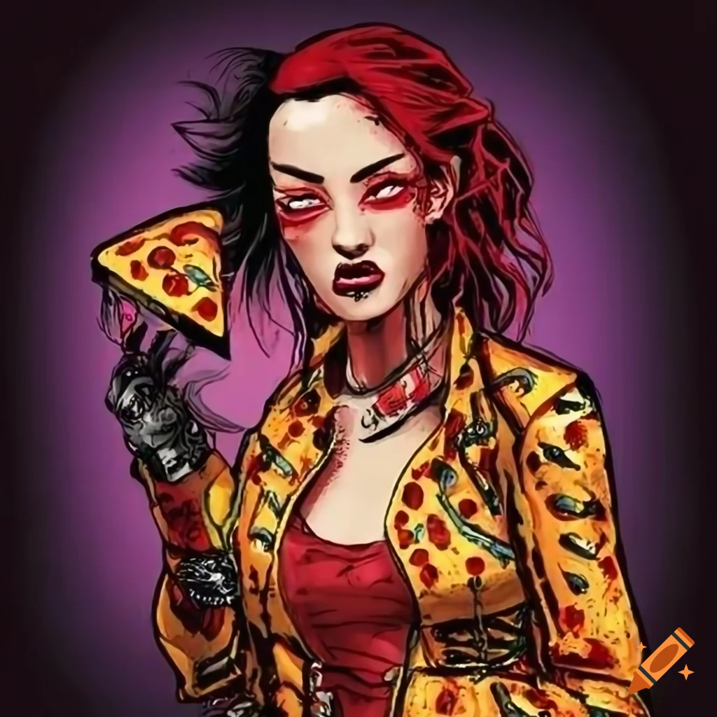 Female comic book punk style in a violent pose with a pizza jacket on ...