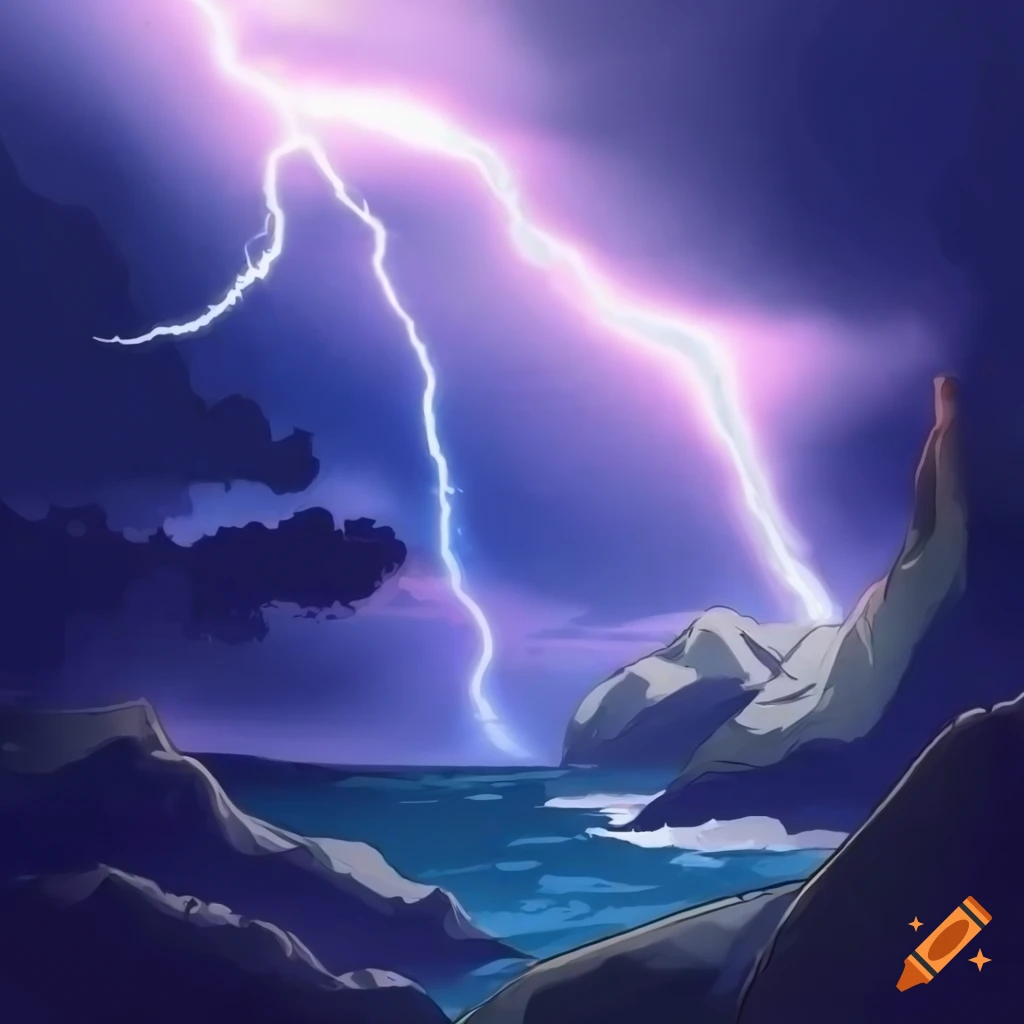 Windy tropical storm with lightning bolts in anime art style on Craiyon