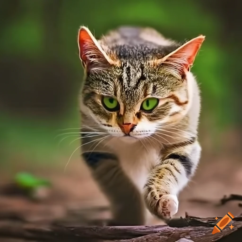 Cute cat hunting in a wooded area with open eyes on Craiyon